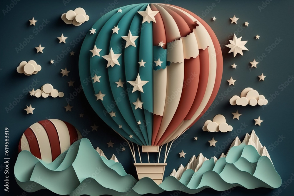 Hot air balloon with american flag, paper craft art for independence ...