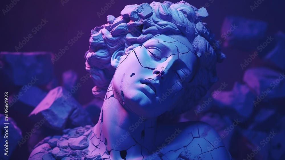 A broken head sculpture of classical style. Cracking marble female ...