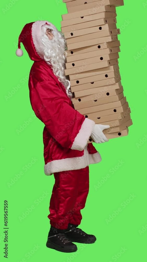 Saint nick holding pizza boxes, delivering huge pile of fast food over ...