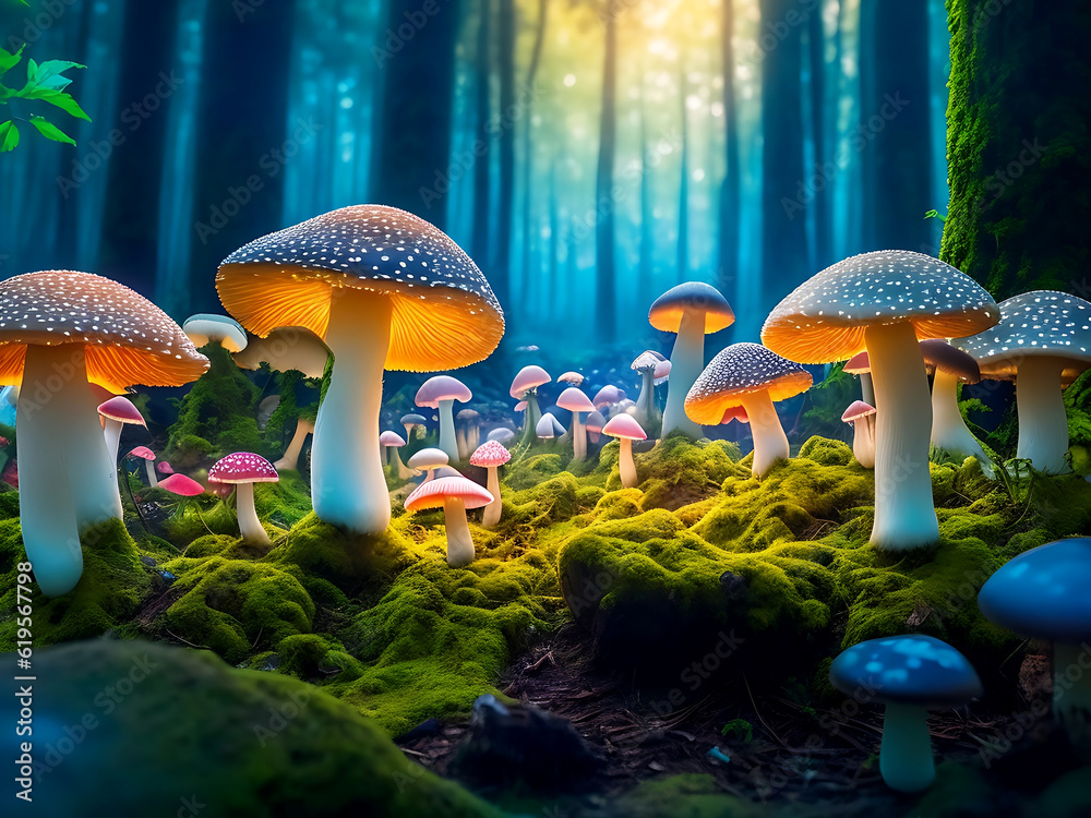 Magical mashroom in fantasy enchanted fairy tale forest with lots of ...