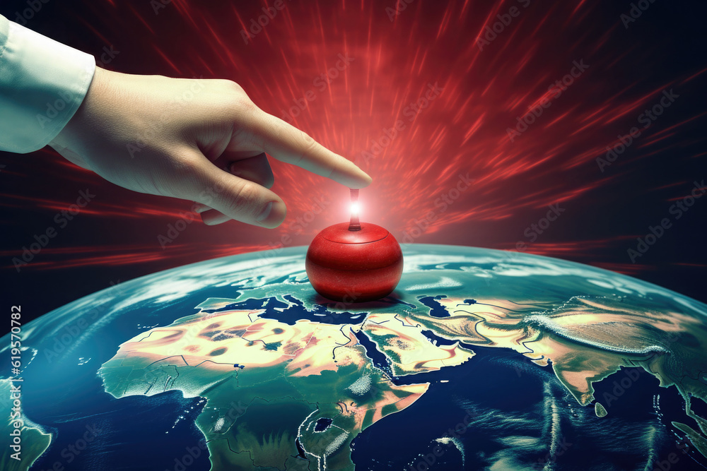 Nuclear threat and world war concept. Hand presses red button to launch ...