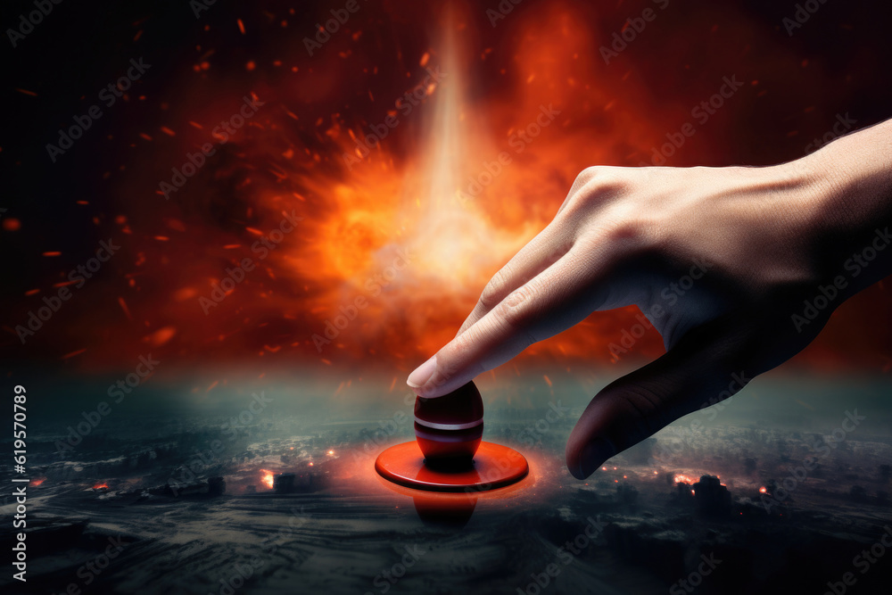 Nuclear threat and world war concept. Hand presses red button to launch ...