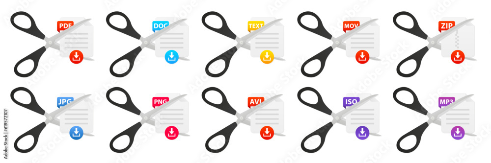 File type icon set. Scissors cut documents. Popular files format and ...