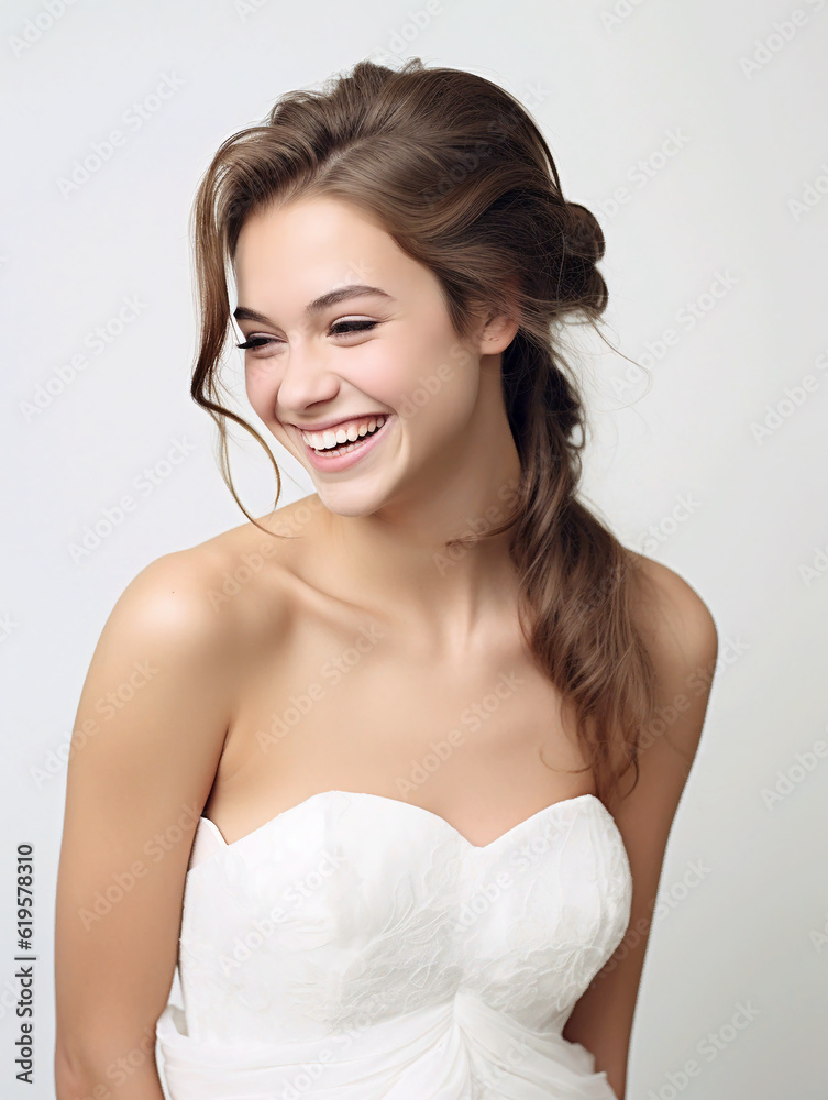 Сlose-up portrait of beautiful smiling young laughing bride in a ...