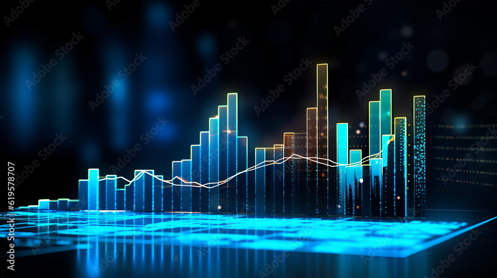 Blue and cyan neon bars chart, business growth and development and ...