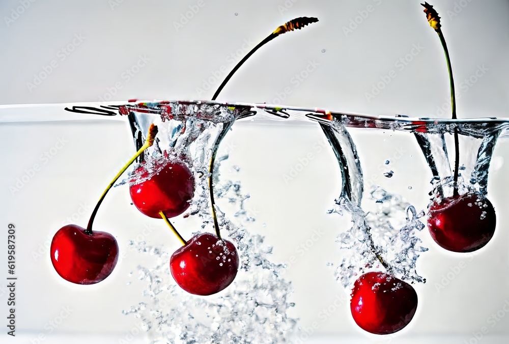 Cherries, sweet cherries fall with splashes into clear water ...