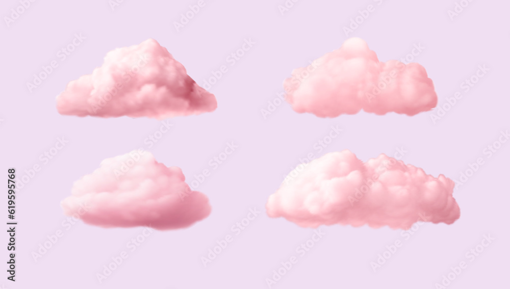 Realistic pink clouds set isolated on purple background. Vector ...