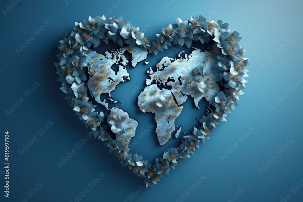 Female hands painted with the world map, forming a heart shape on a ...