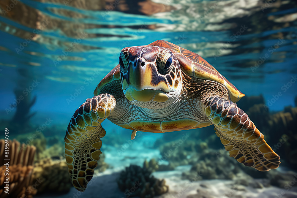 Hawaiian Green Sea Turtle gracefully swimming in the clear ocean waters ...