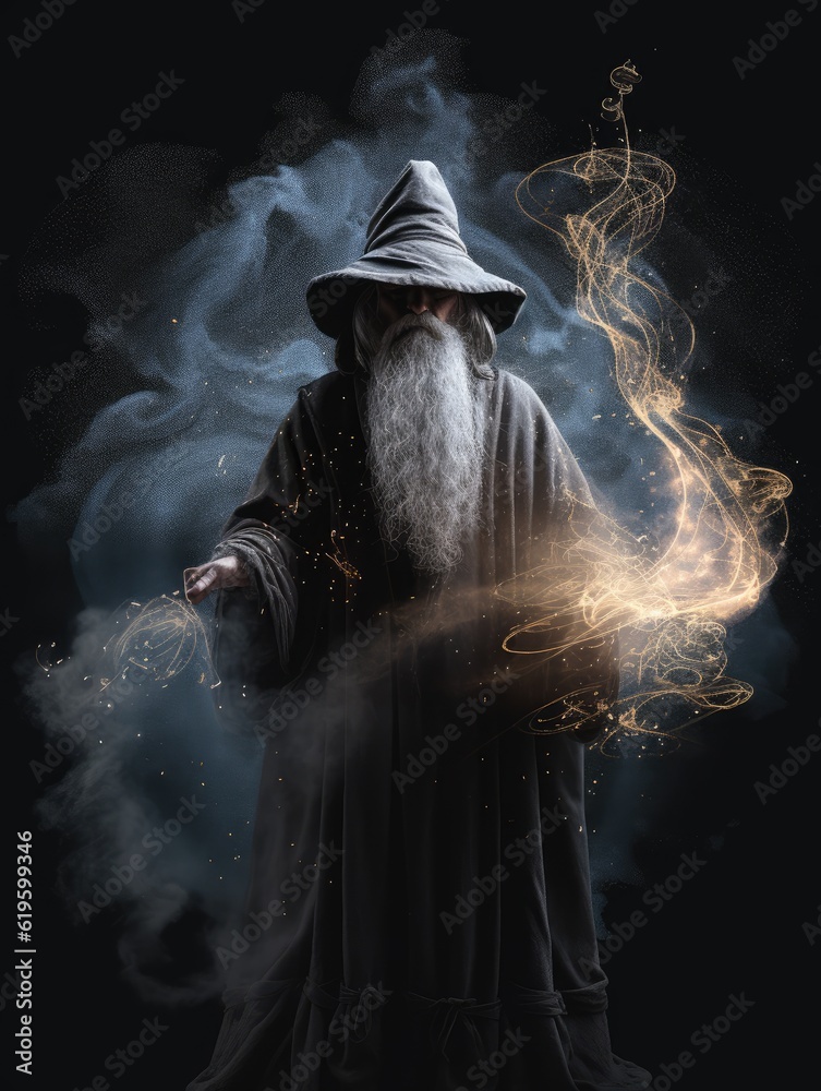 Wizard in smoke with swirling background and sparkling particles, AI ...