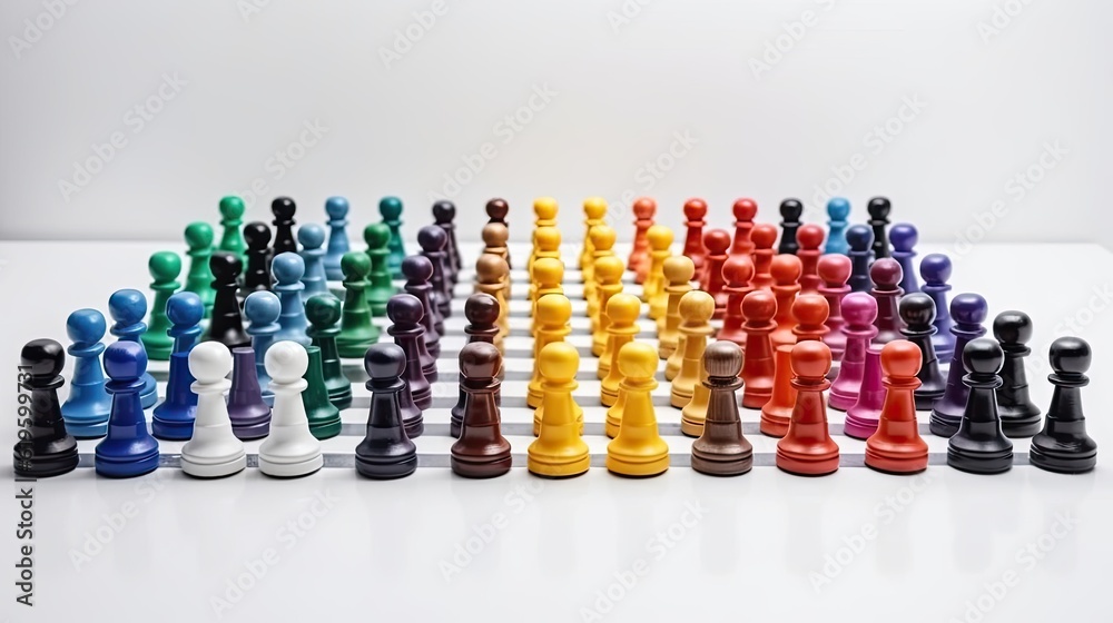 Colorful chess pieces in a row, rainbow colored plasitc chess pieces ...