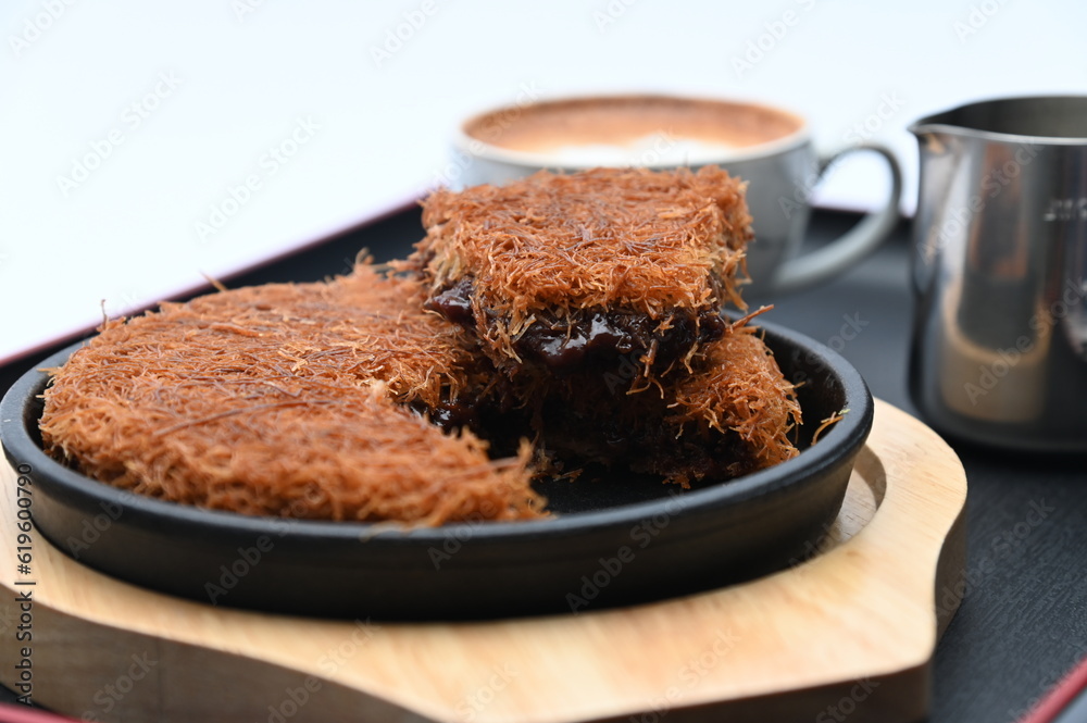 Arabic kunafa, kunafe, konafa, kunafeh with coffee, Arabic and Ramadan ...