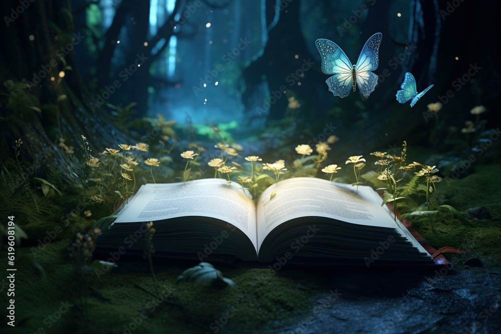 Open magic book with growing lights, magic powder, butterflies. Magic ...