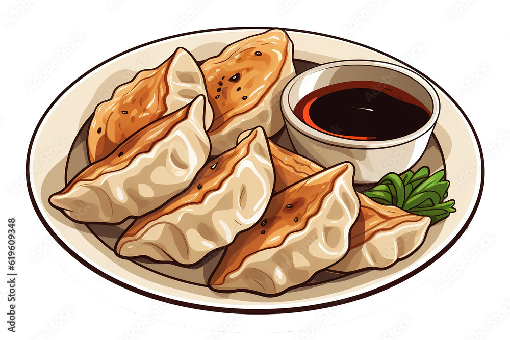 Japanese dumplings Gyoza in the dish cartoon illustration vector art ...