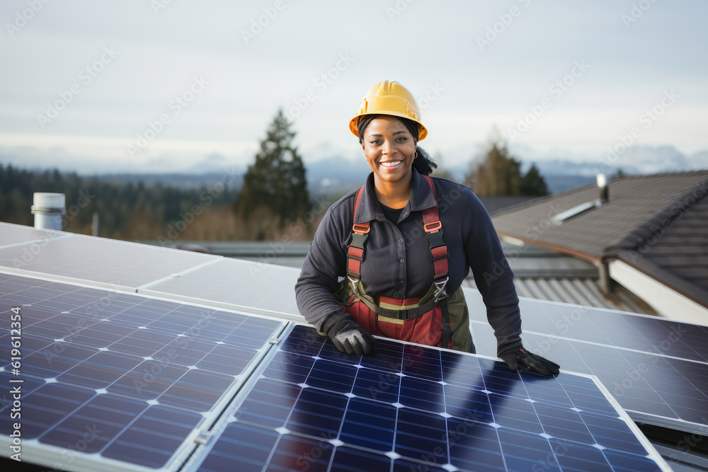 African american woman technician installing solar panels on a roof ... African american woman technician installing solar panels on a roof ...