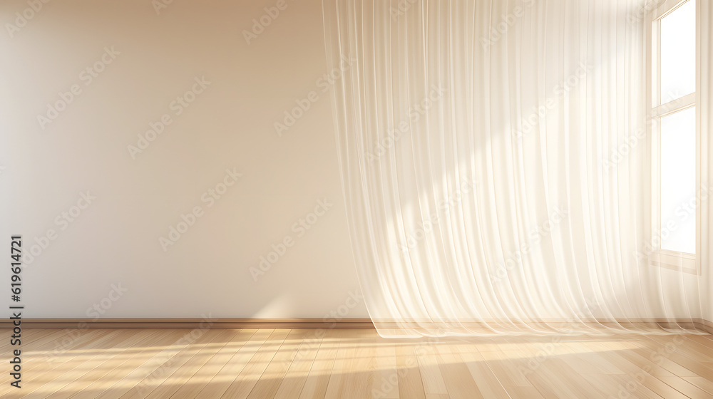 Blowing white sheer curtain, window, sunlight on blank vertical beige ...
