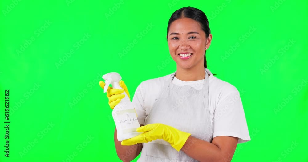 Face, green screen and Asian woman cleaning, disinfection and happy ...