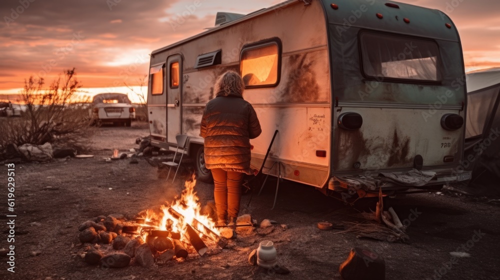 camper cooking over a fire in a post-apocalyptic landscape generative ...