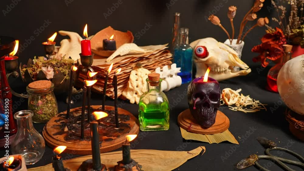 Magic liquid spell potion in the glass vials with black witchcraft ...