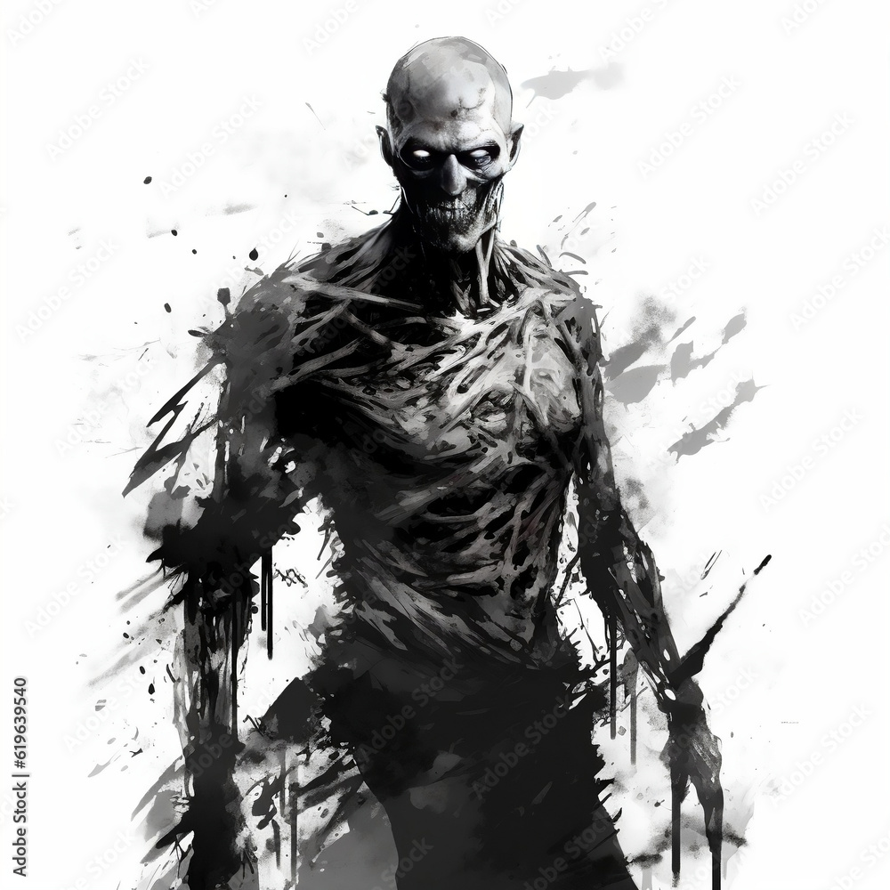 Scary Zombie with Broken Jaw and Ripped Chest. Undead bald man with ...