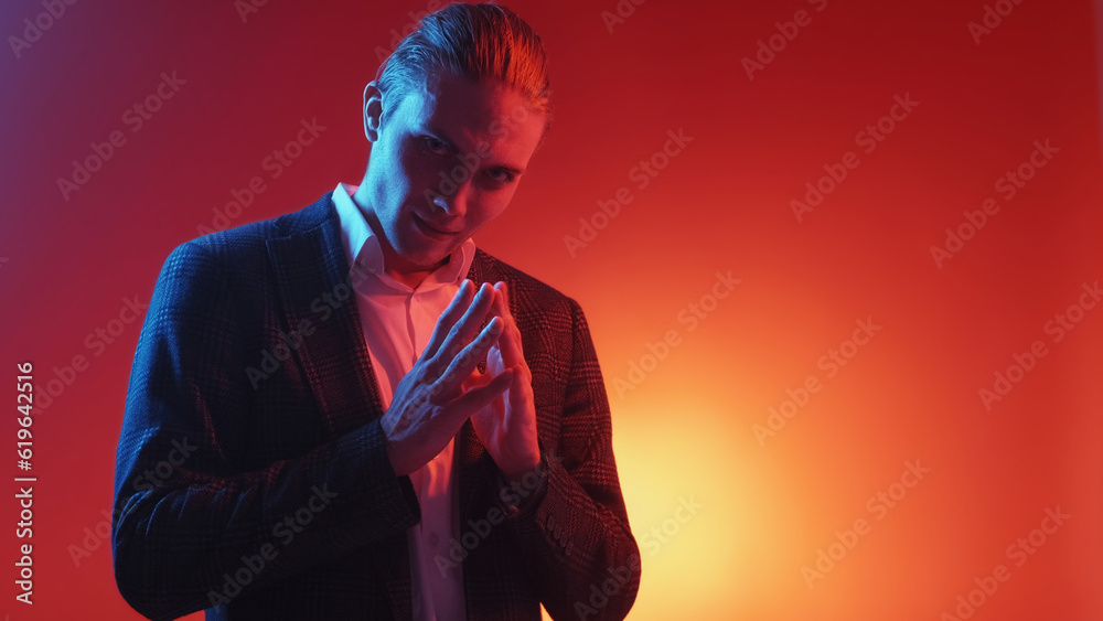 Evil plan. Exciting expectation. Revenge intention. Red blue neon light ...