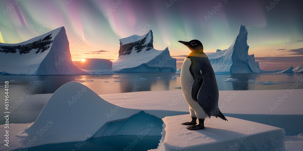 Penguin looking at the aurora in the distance from the iceberg - ai ...