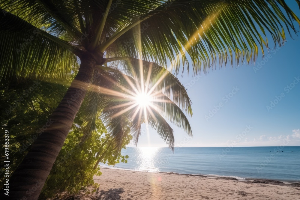 Coconut palm trees on the sandy beach with sunbeams, A beautiful ...