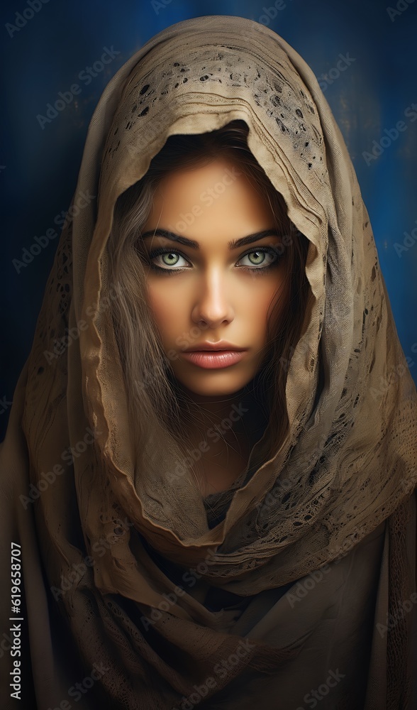 woman veil head blue background eyes symmetry brown saints halo young ...