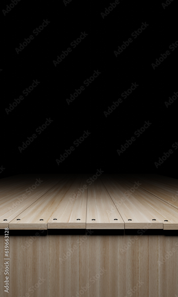 Wood table podium on black background, 3d rendering Stock Illustration ...