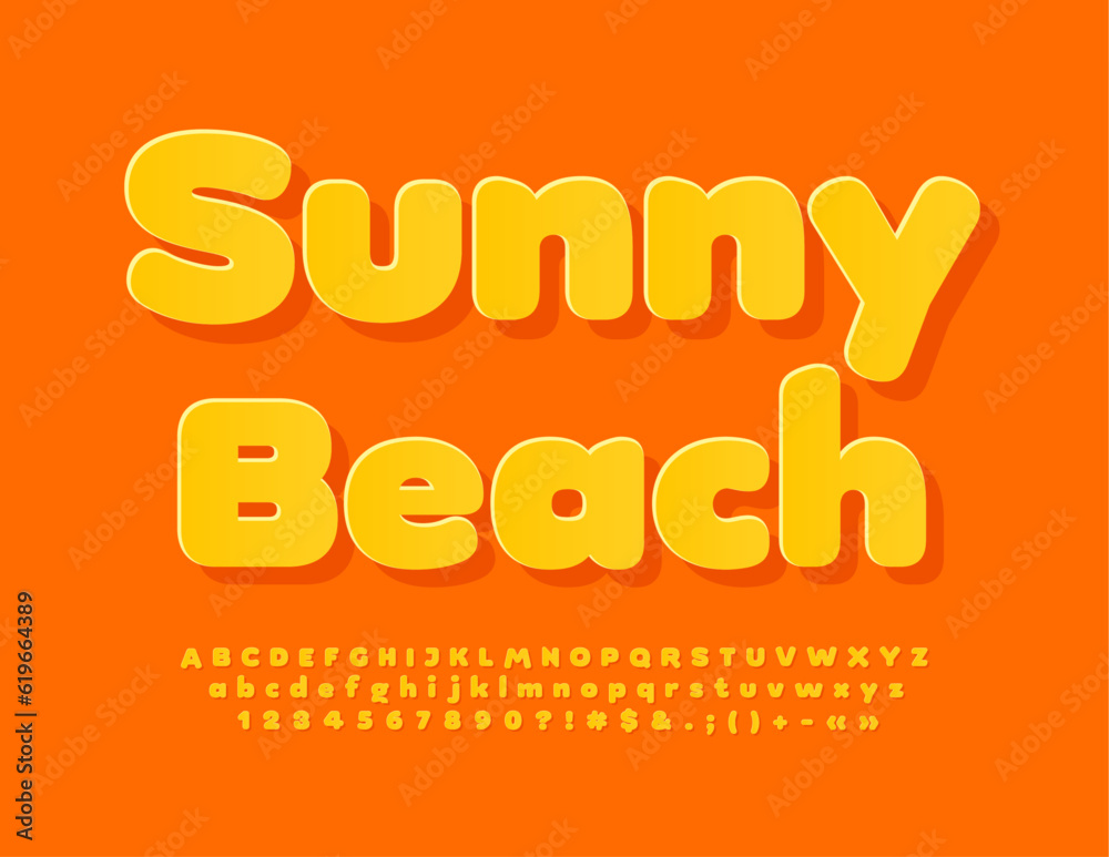 Vector creative Poster Sunny Beach. Bright sticker Font. Cute Yellow ...