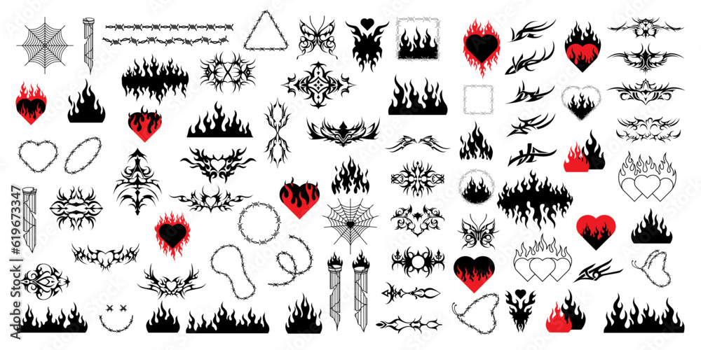 Big bundle of gothic tattoo shapes in y2k style Stock Vector | Adobe Stock