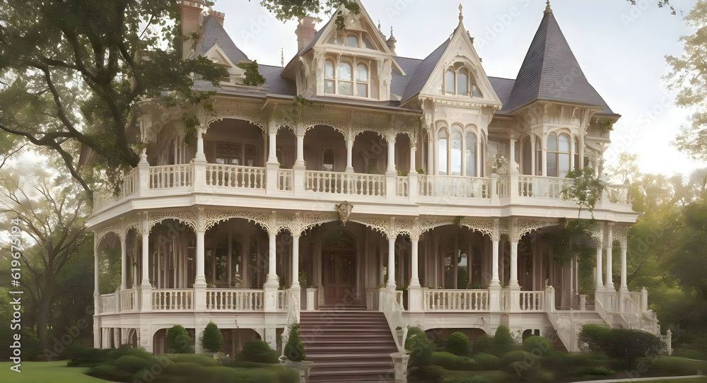 Victorian mansion, with a grand staircase and a wraparound porch. Stock ...