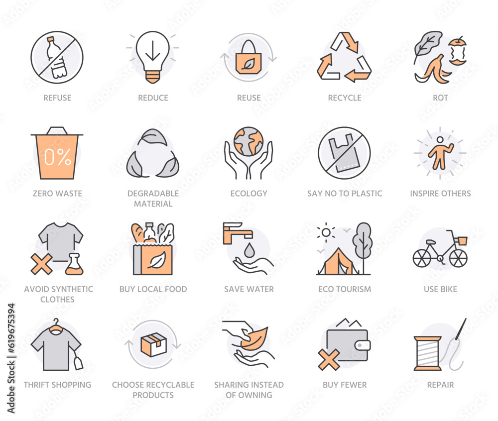 Zero waste lifestyle flat line icons set. Refuse, reduce, reuse ...