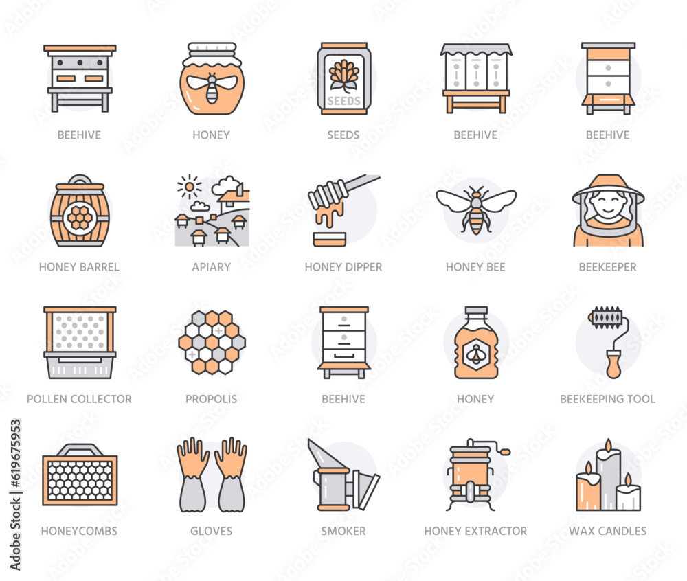 Beekeeping, apiculture line icons. Beekeeper equipment, honey ...