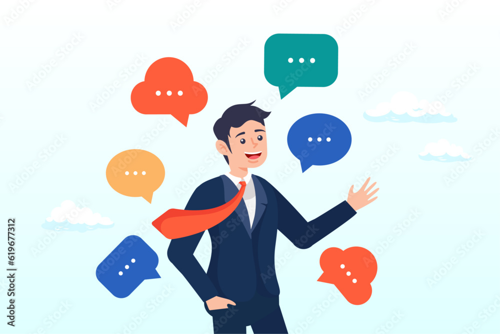 Confidence businessman talking with multiple speech bubbles, verbal or ...