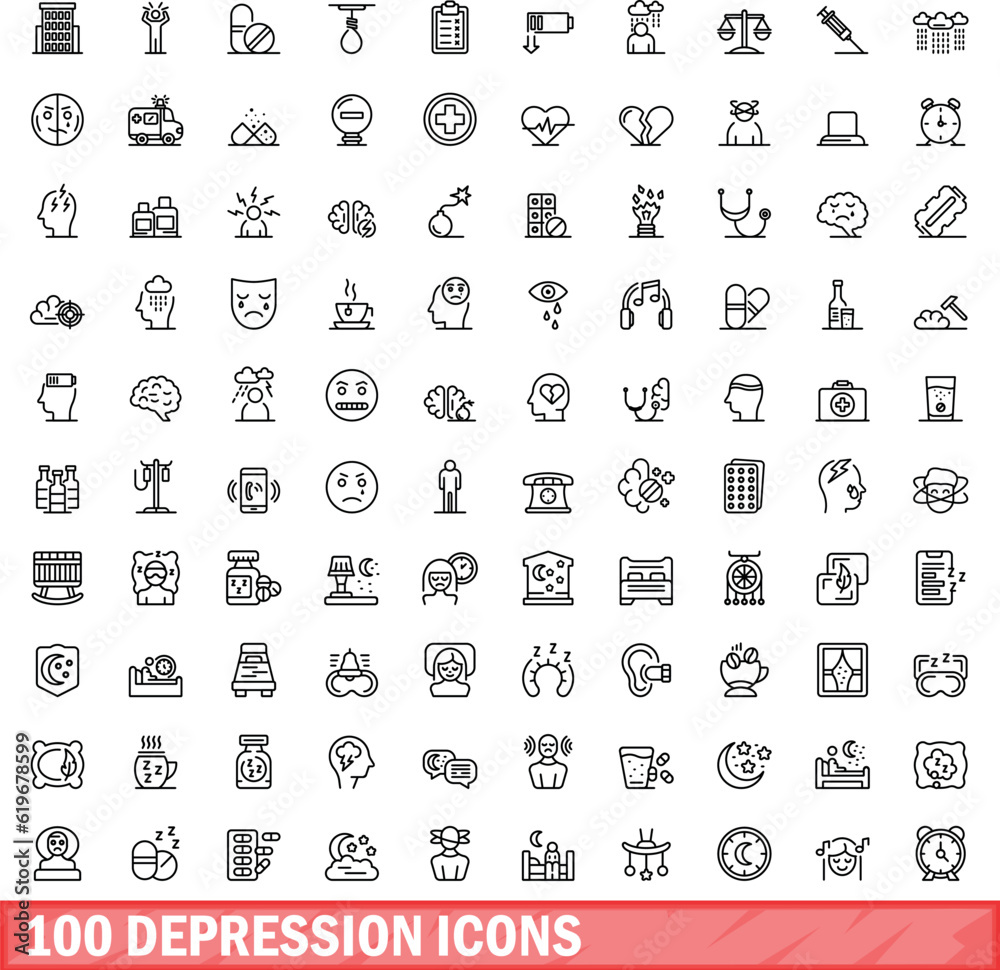 100 depression icons set. Outline illustration of 100 depression icons ... 100 depression icons set. Outline illustration of 100 depression icons ...