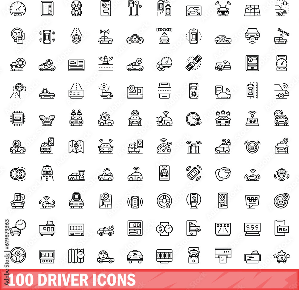 100 driver icons set. Outline illustration of 100 driver icons vector ...