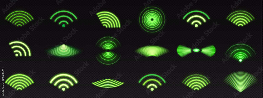 Realistic set of green radio wave signal signs isolated on transparent ...