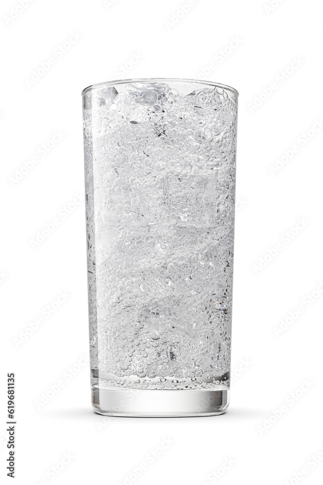 Glass of sparkling water soda drink lemonade with ice cubes isolated. Transparent PNG image ...