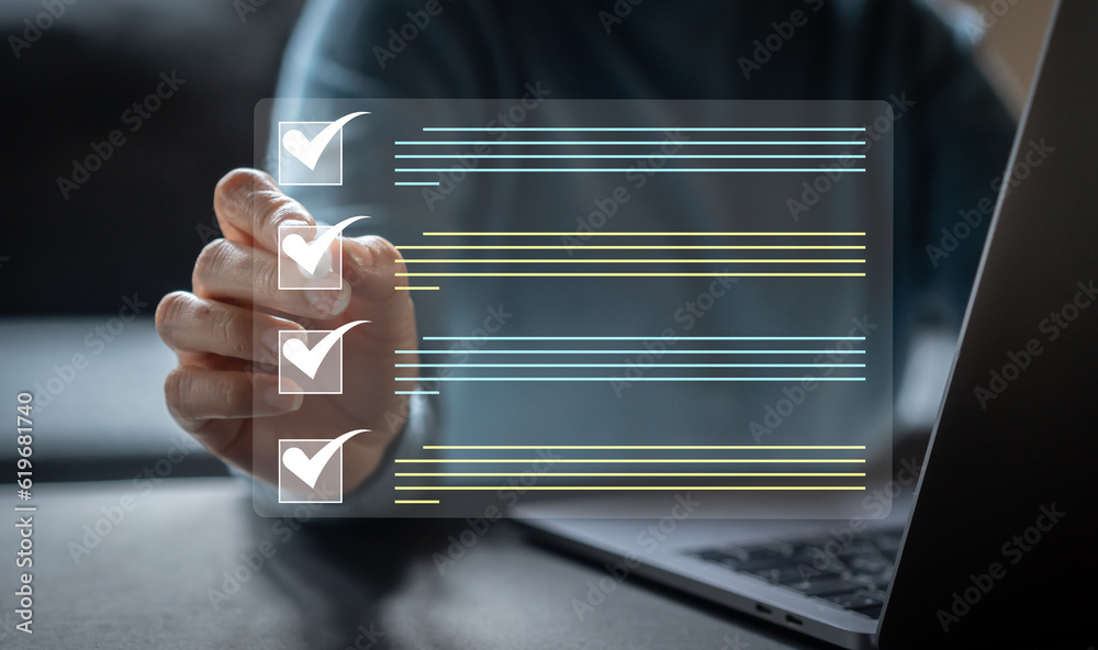 Human hand with checking mark on checklist, checklist survey, check ...
