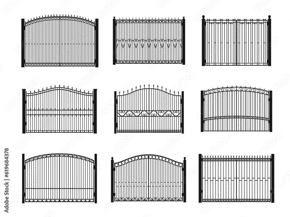 Iron gates, metal fences and steel wrought doors, vector entrance ...
