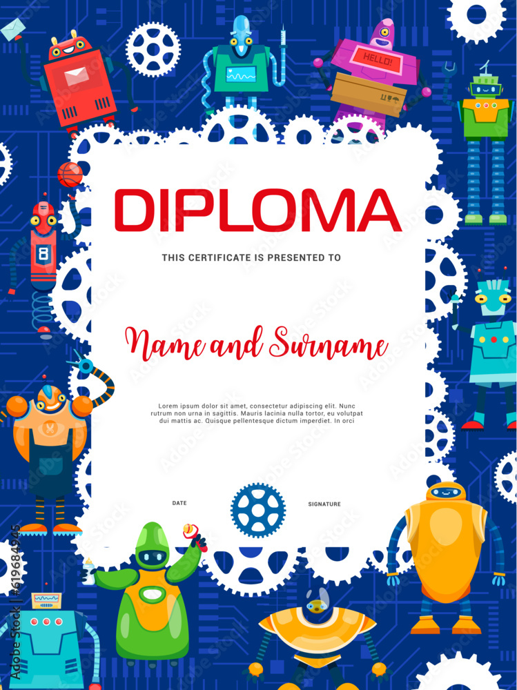 Kids diploma with cartoon robots and droid characters. Vector ...