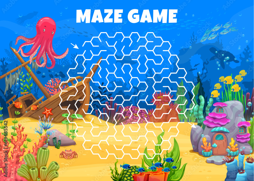 Labyrinth maze game. Help to octopus find his underwater house ...
