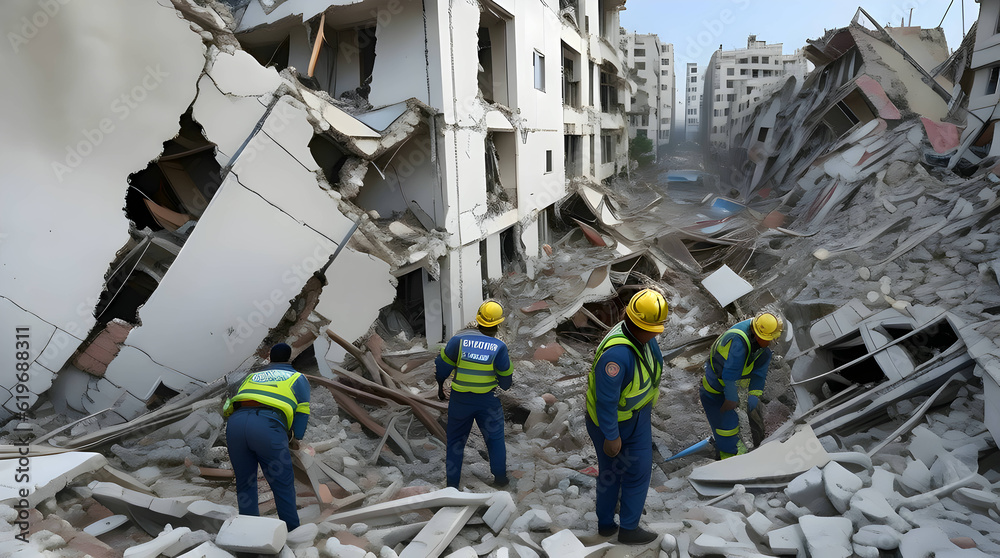 : Rescuers in uniform and helmets dismantle the rubble of houses after ...