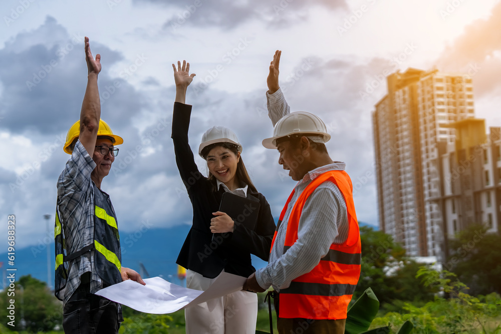 Civil engineer and construction worker manager holding blueprints and ...
