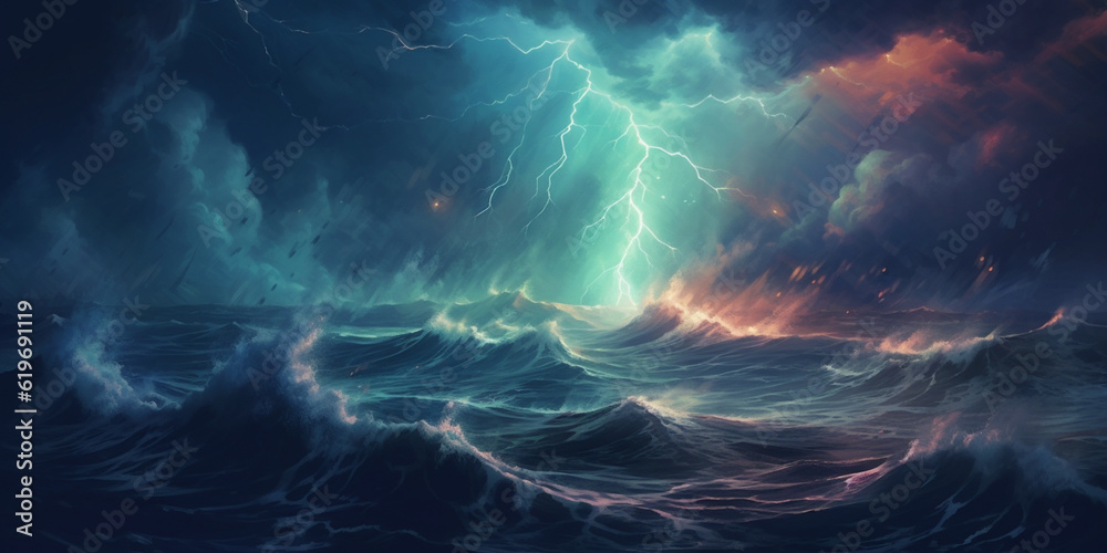Bright lightning in a raging sea. A strong storm in the ocean. Big ...