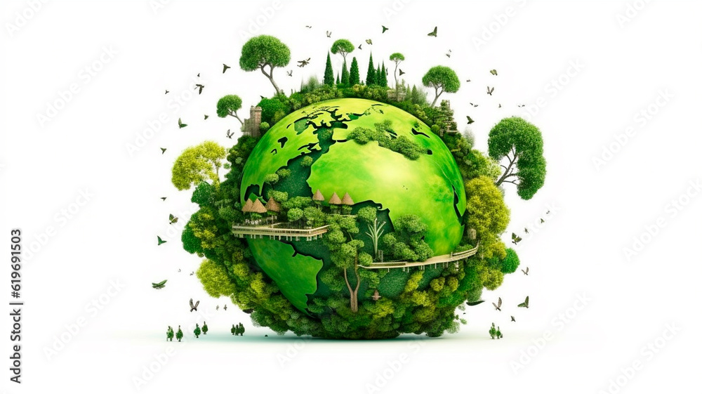 Green earth day on isolated white background. Care for the environment ...