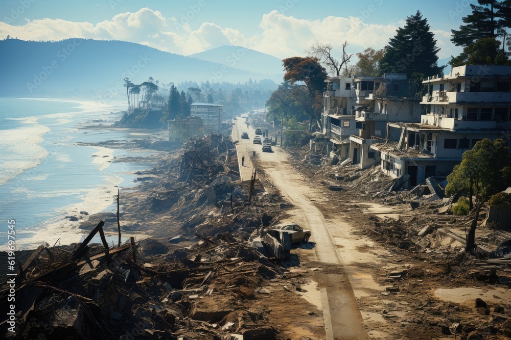 Devastating tsunami, portraying the immense destruction and chaos left ...
