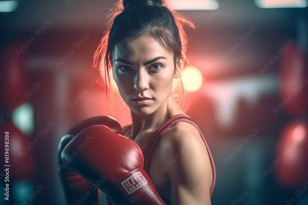Woman training boxing at gym, woman striking punching bag in home gym ...