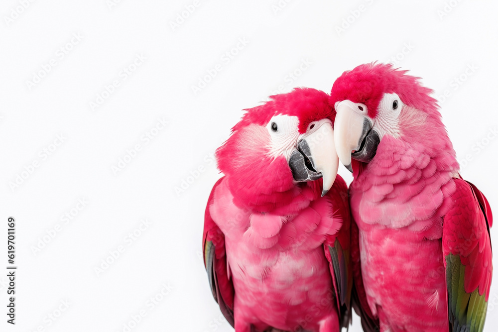 Two pink parrots are sitting next to each other, hugging and kissing ...